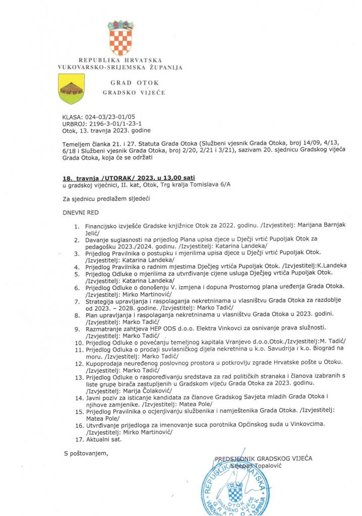 Najava: 20. sjednica Gradskog vijeća Grada Otoka | Grad Otok